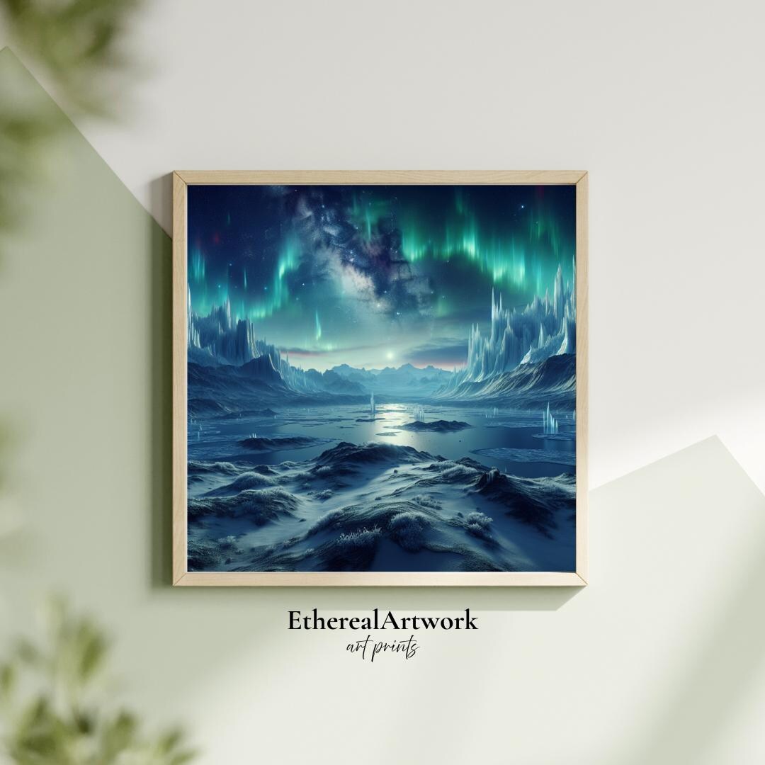 Frozen Alien World Wall Art, Aurora Sky & Icy Landscape Poster ...