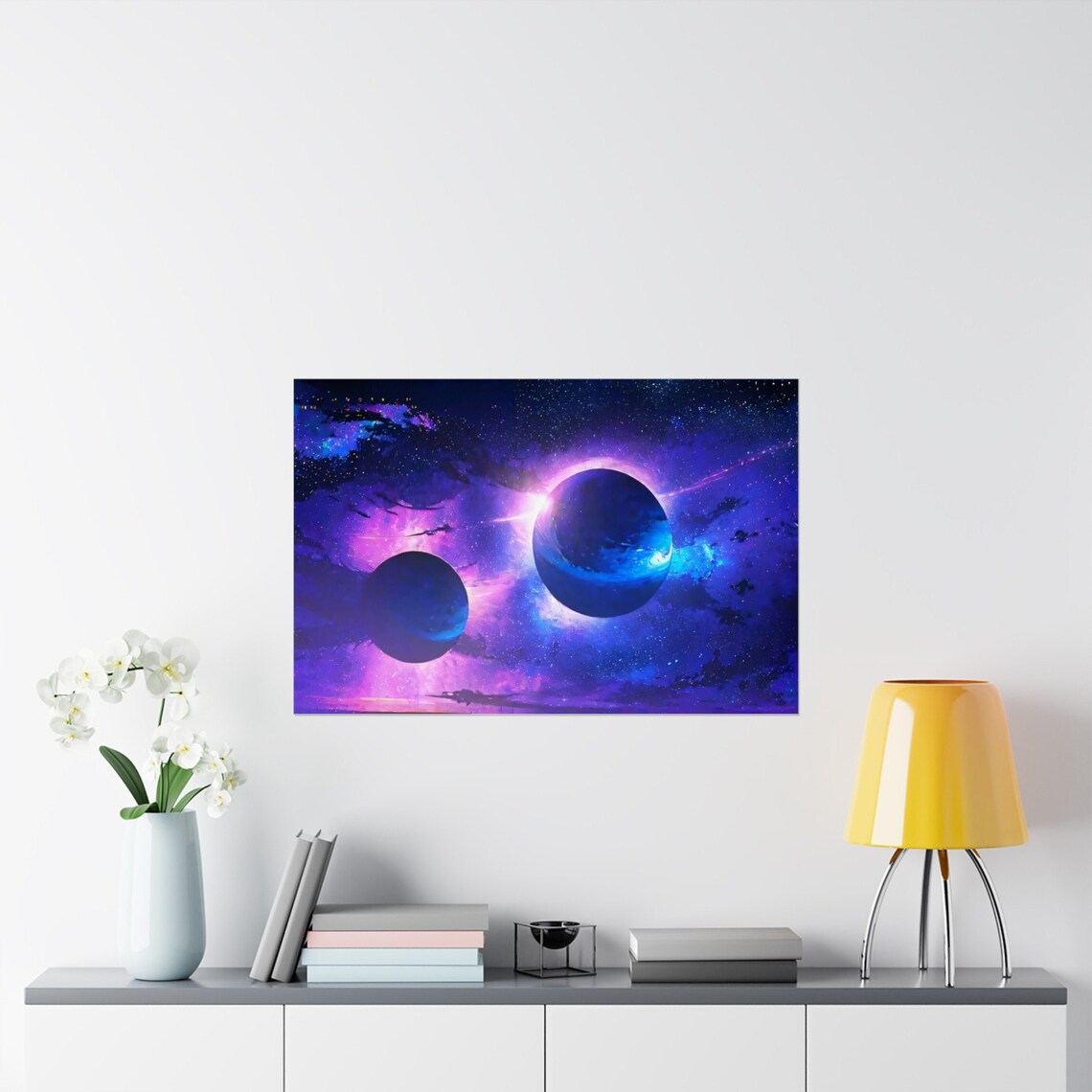 Cosmic Duality Anime Art Print, Enigmatic Twin Planets Scene, Anime ...