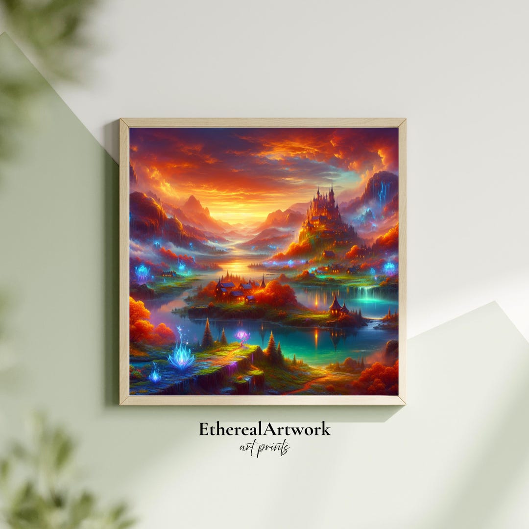 Magical Sunset Castle Landscape Wall Art, Fantasy Poster Print, Vibrant ...