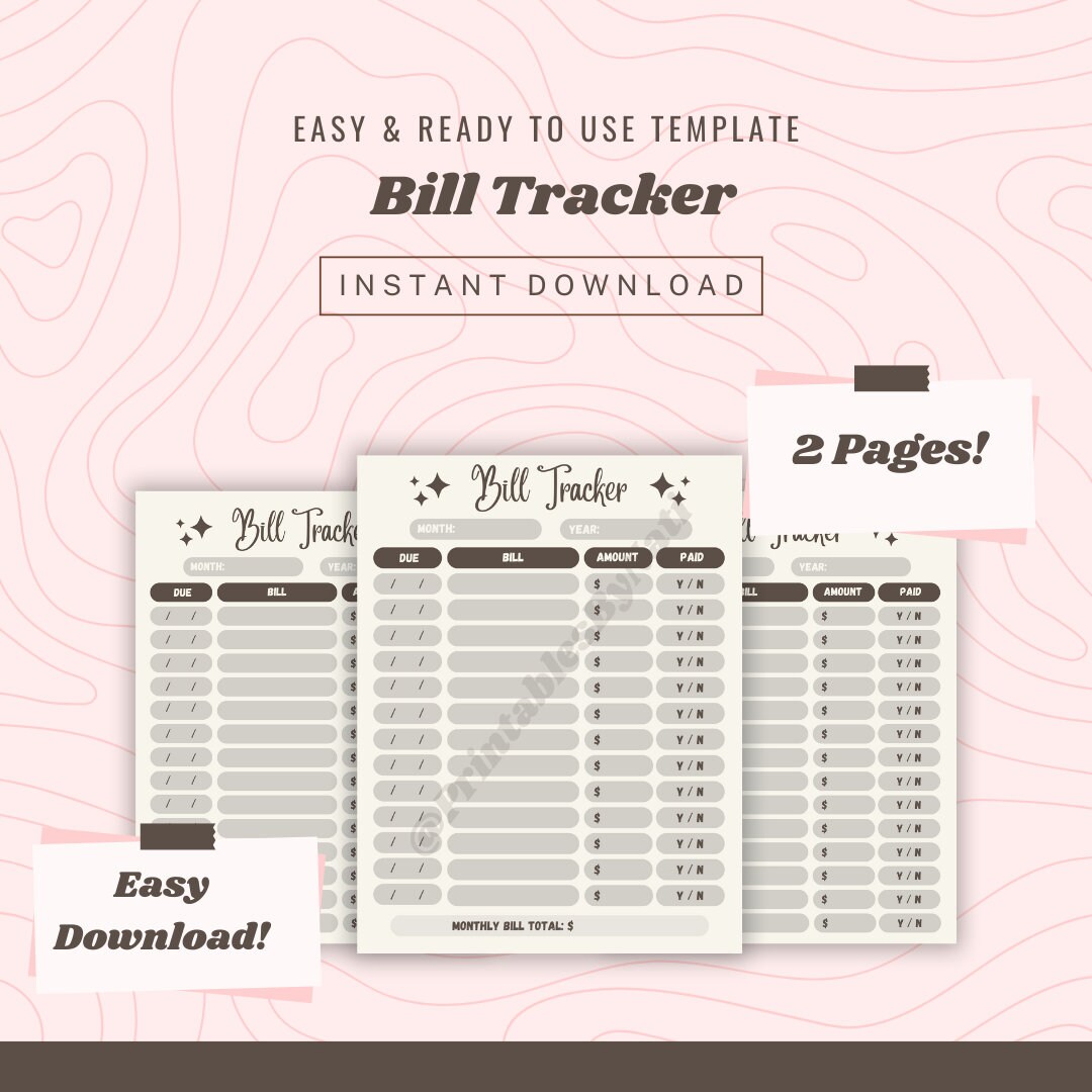 Cute Girly Bill Tracker Printable Template Easy Download - Etsy