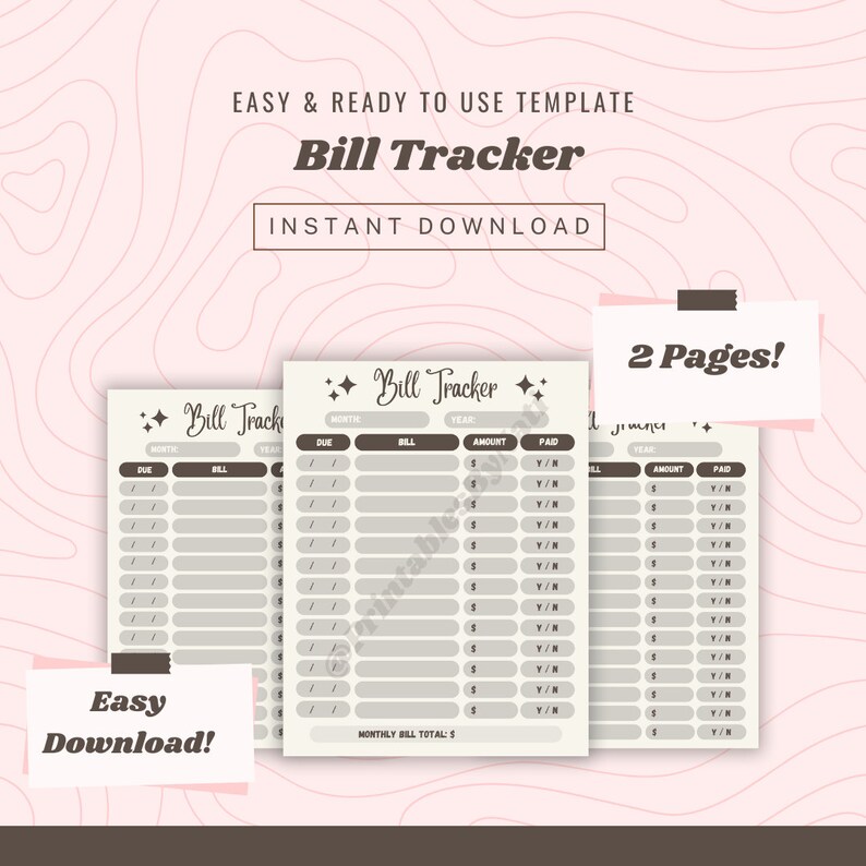 Cute Girly Bill Tracker Printable Template Easy Download - Etsy
