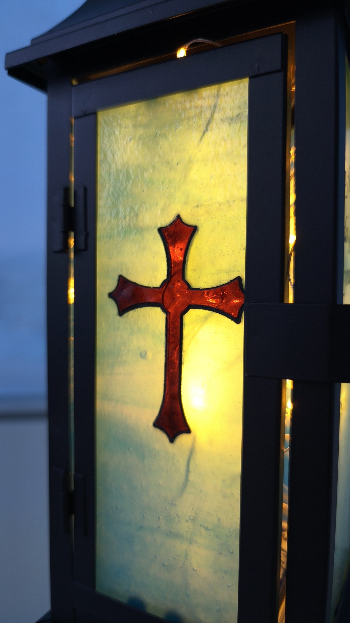 Handcrafted Stained Glass Cross Religious Lantern - Elegant and Unique ...