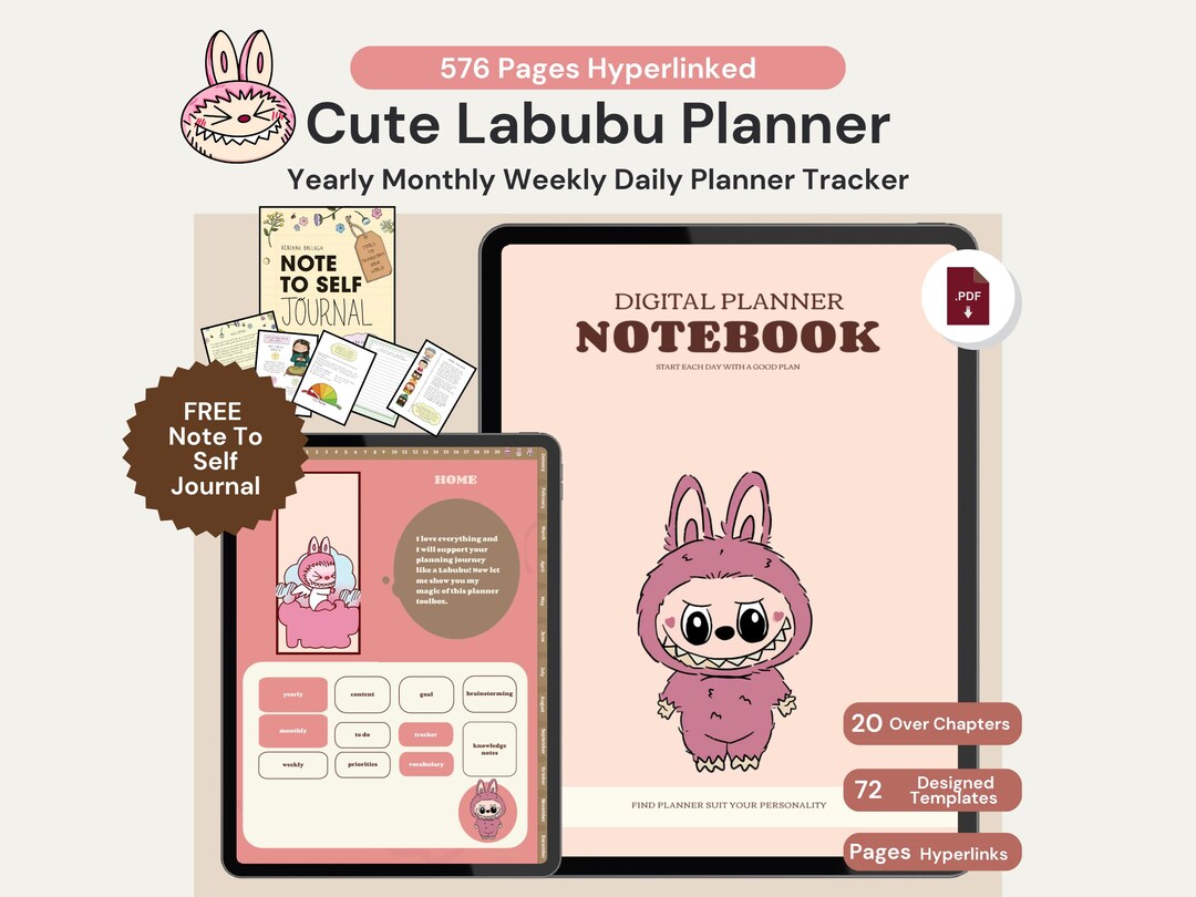Cute Labubu Pink Potrait Undated Digital Planner Notebook PDF With ...
