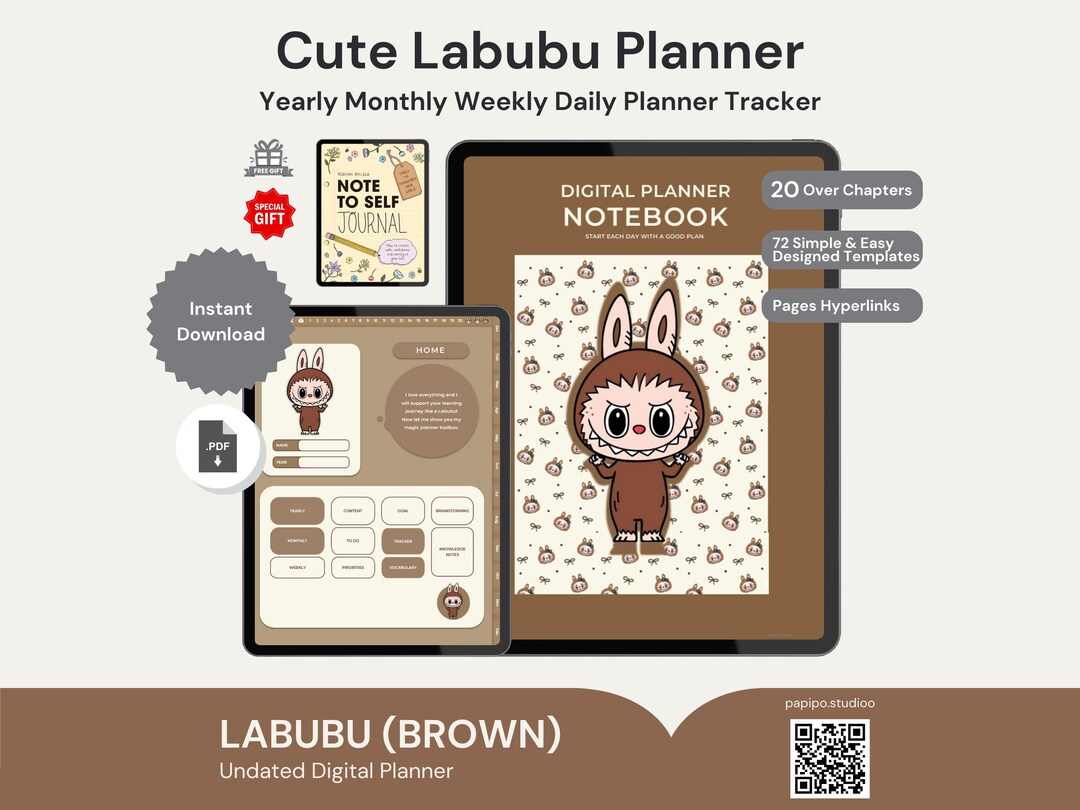 Cute Labubu Brown Portrait Undated Digital Planner Notebook PDF With ...