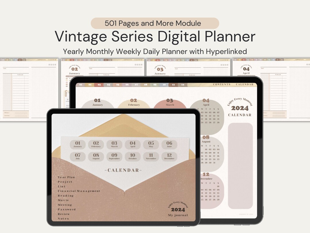 Vintage Series Digital Planner Journal Planner 2024 Yearly Monthly ...