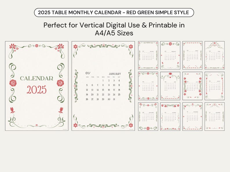 Cute 2025 Calendar Hello 2025 Digital Printable Calendar Minimalist ...