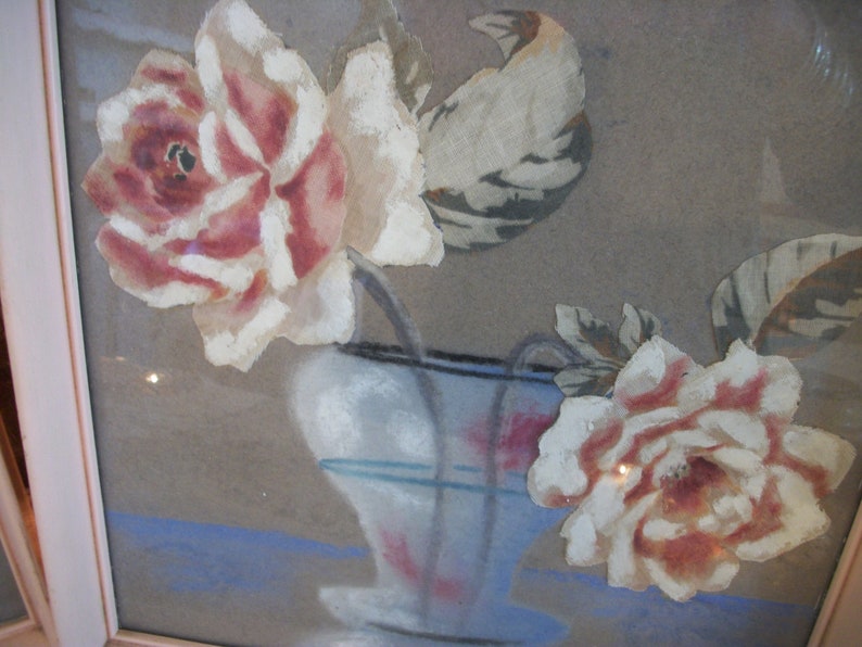 Pair of 1940s Fabric Flower Still Life Paintings, Pink Roses in Urn ...