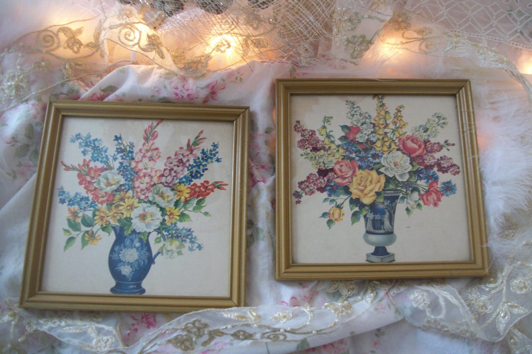 1940s Pair Vintage Framed Floral Prints, Small 6 Square, Very Good ...