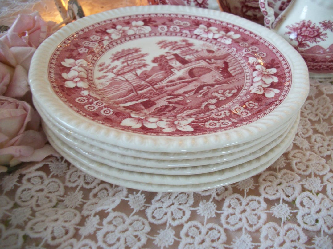 6 Vintage Copeland Spode 'tower' Pattern Pink Transferware Bread Plates ...