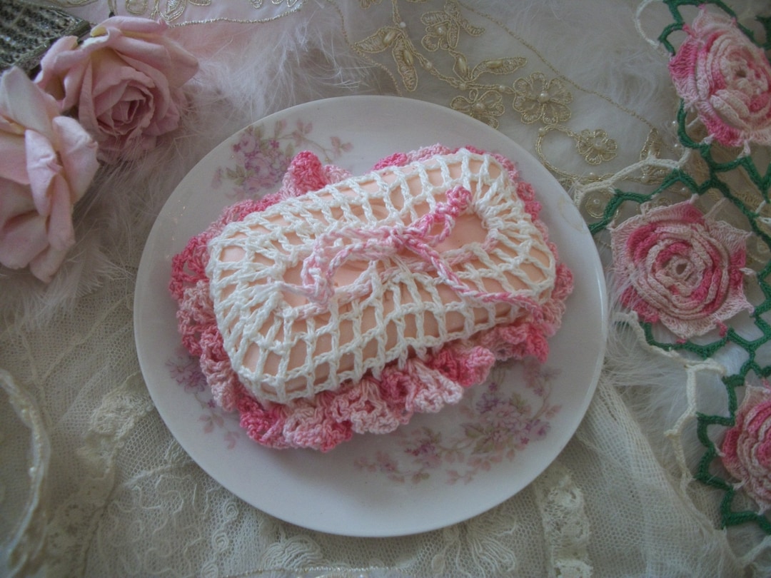 Vintage Pink and White Hand Crocheted Soap Cover, Full Size Bar of ...