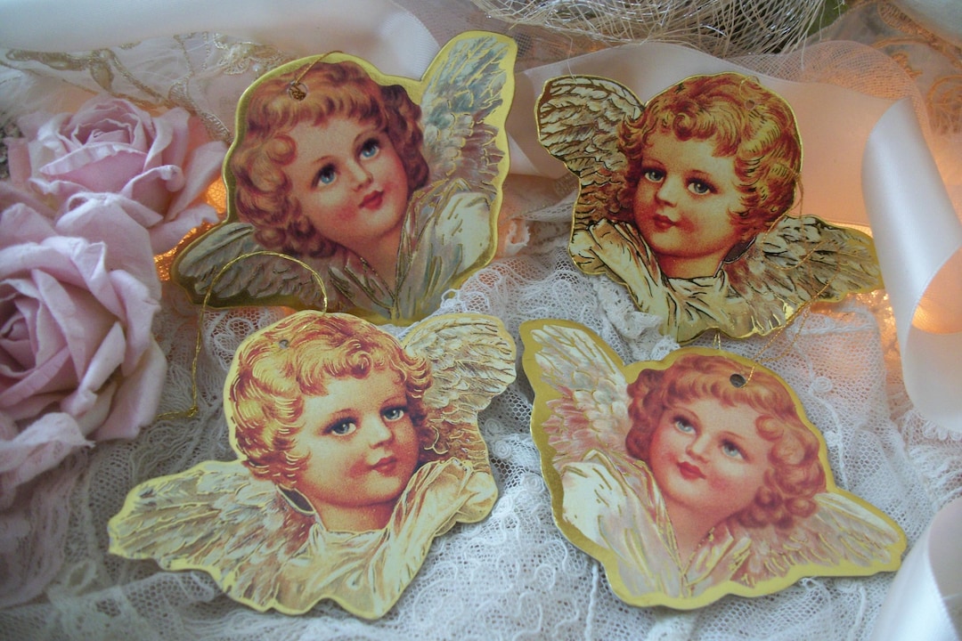 4 Victorian Style 'angel Face' Die Cut Hanging Ornaments, Sweet Cherub ...