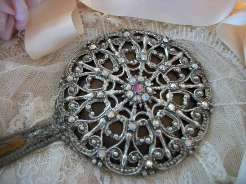 Ornate Vintage Hand Mirror Frame, Lacy Gold Filigree, AB Rhinestones ...