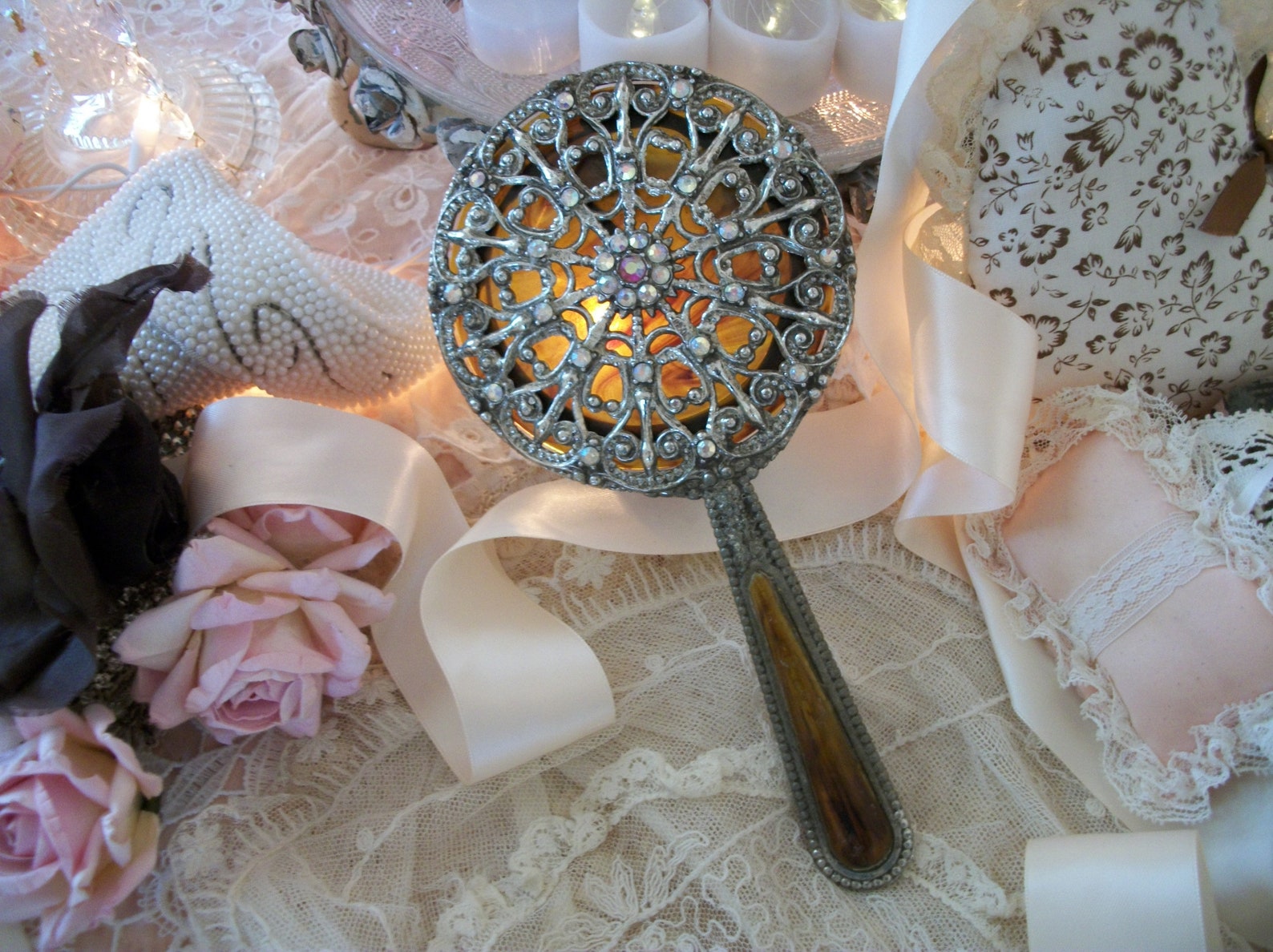 Ornate Vintage Hand Mirror Frame, Lacy Gold Filigree, AB Rhinestones ...