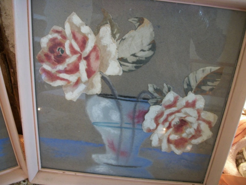 Pair of 1940s Fabric Flower Still Life Paintings, Pink Roses in Urn ...