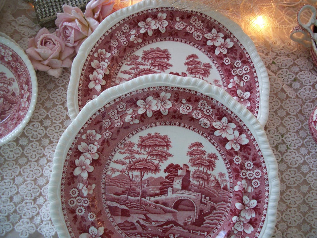 2 Vintage Copeland Spode 'tower' Pattern Pink Transferware Luncheon ...