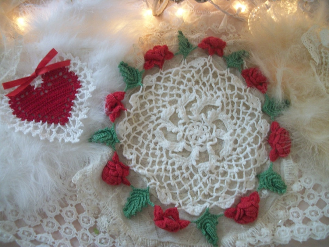 2 Vintage Cheerful Red and White Hand Crocheted Doilies, Red ...