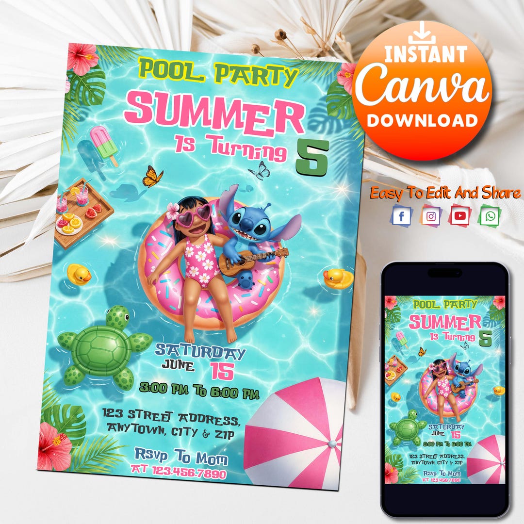 Editable Lilo & Stitch Party Invitation, Birthday Pool Invite Stitch ...