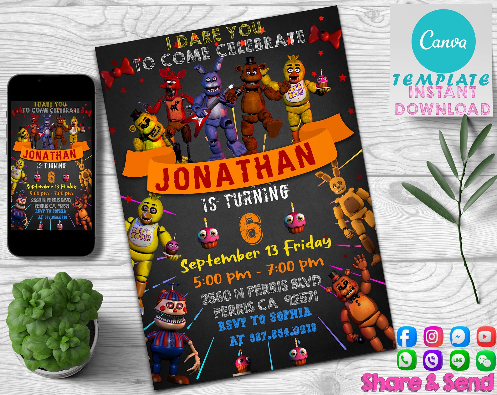 Editable Five Nights at Freddys Birthday Invitation for Boy & Girl Kids ...