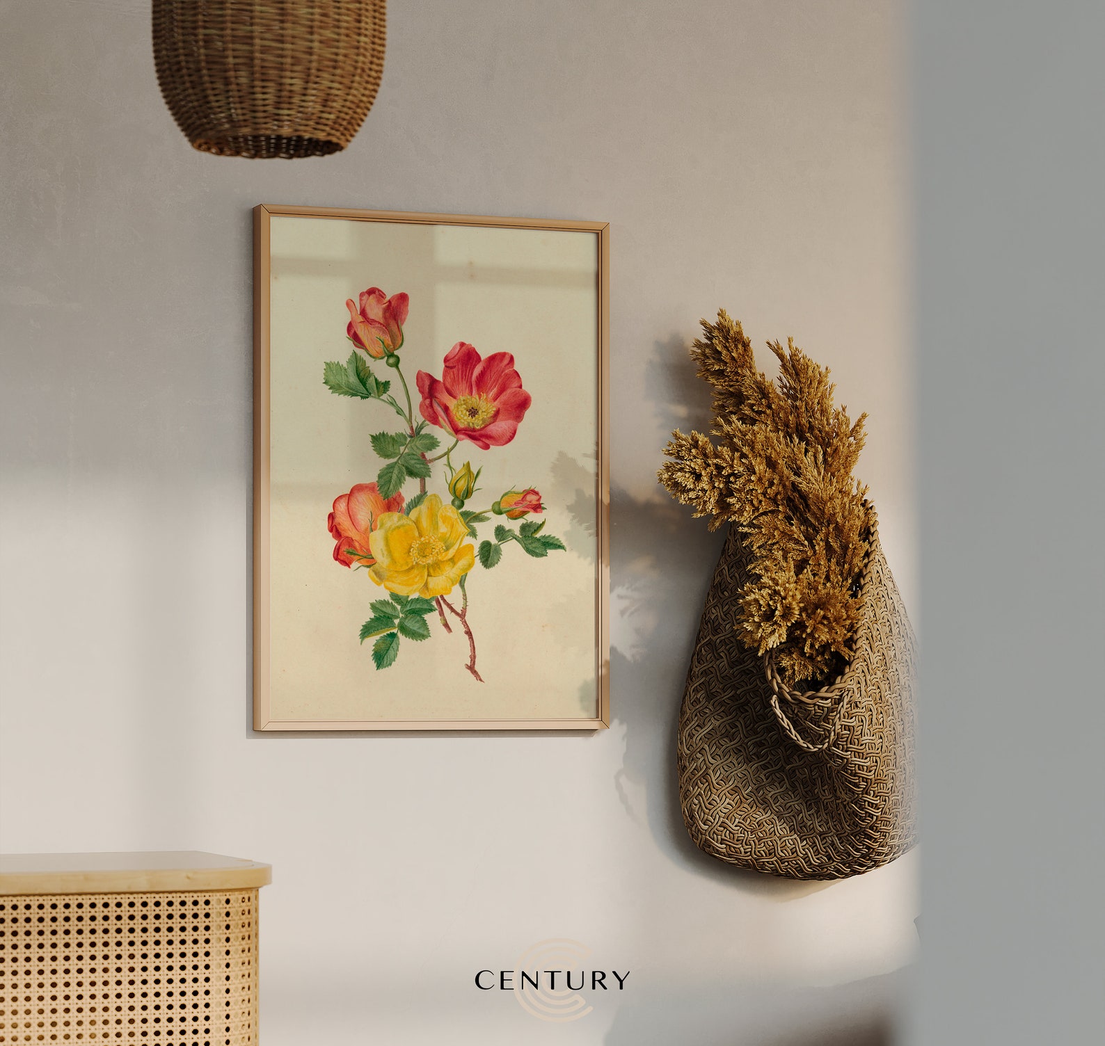 Wild Red Yellow Roses Drawing PRINTABLE Art | Rustic Vintage Floral ...