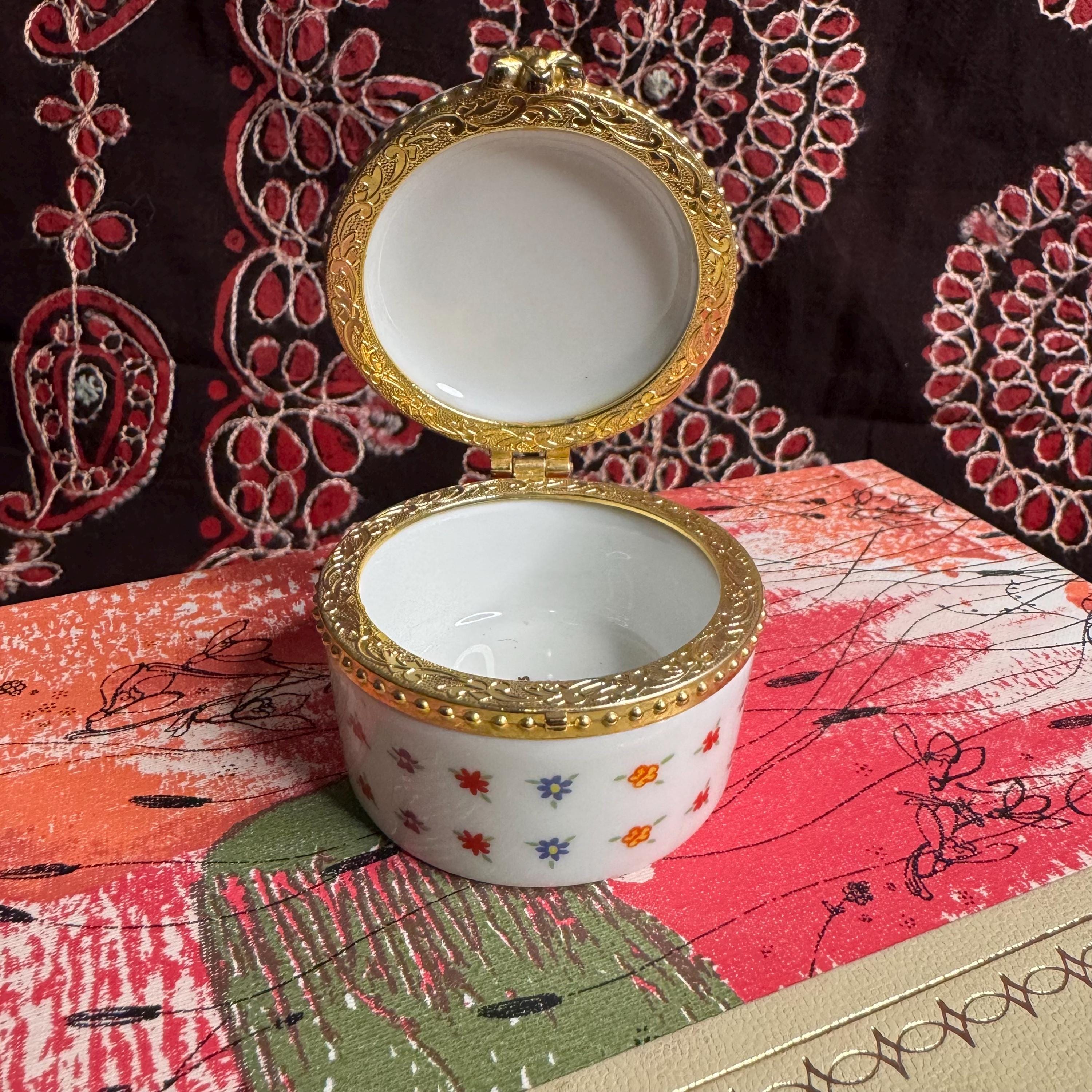 Floral Hinged Trinket Box With Gold Trim - Etsy