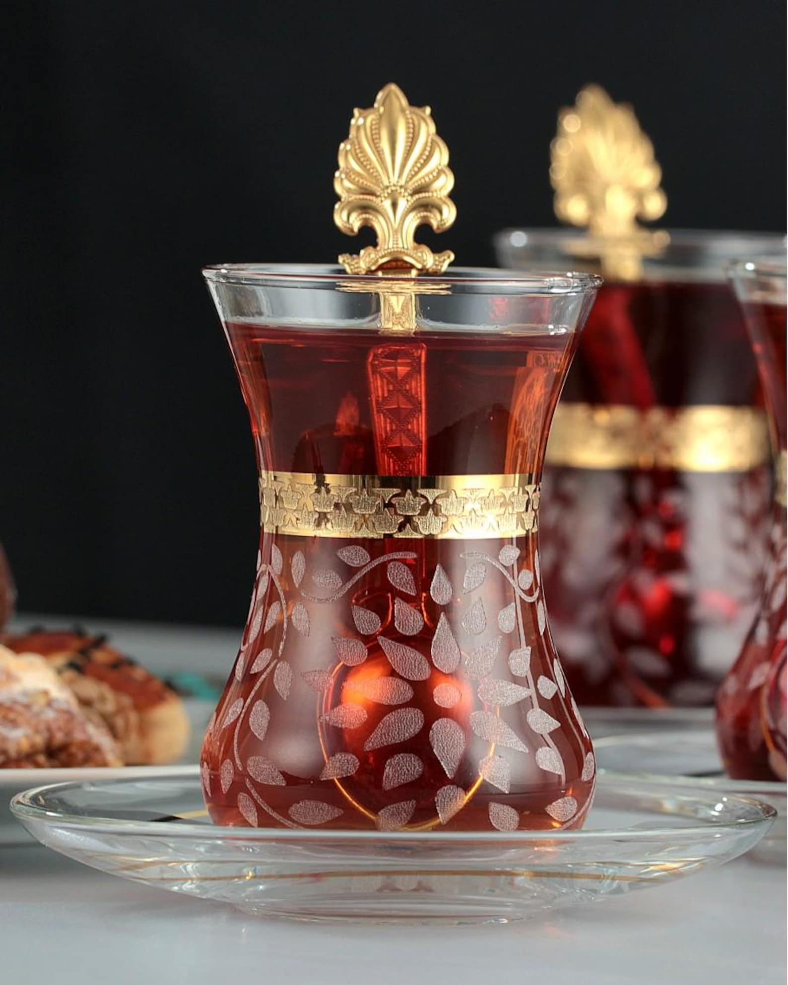 Shirin Gold Turkish Tea Set: 24k Gold Rim, Engraved Glass (18 Pcs) - Etsy