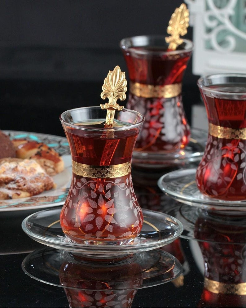Shirin Gold Turkish Tea Set: 24k Gold Rim, Engraved Glass (18 Pcs) - Etsy