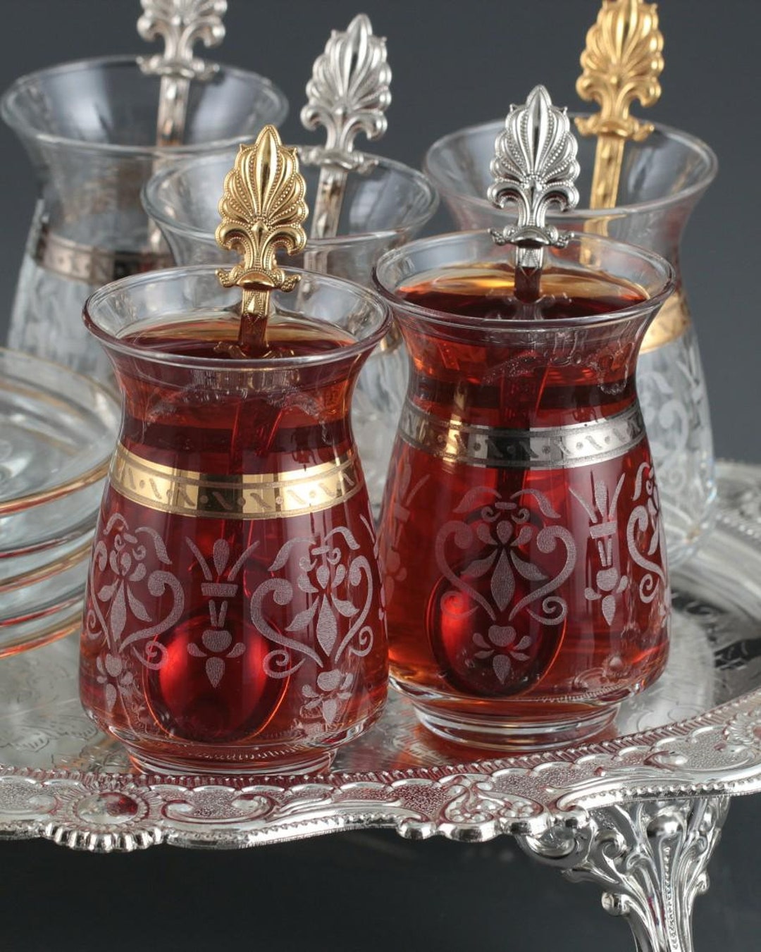 18 Pcs Turkish Tea Set With 6 Pcs Metal Tea Spoons 691-661 - Mai -gold ...