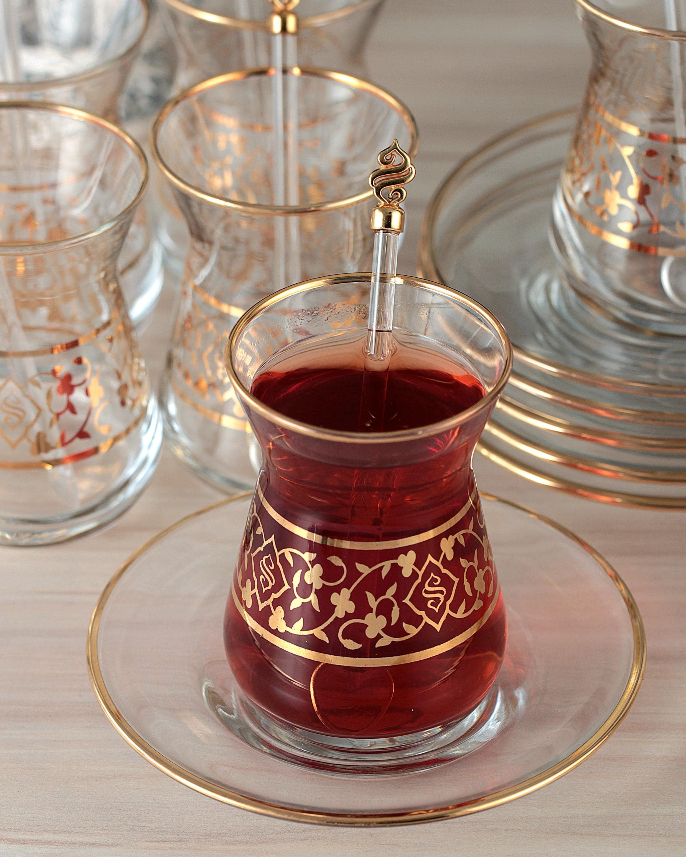 12 Pcs Turkish Tea Set (6 Tea Cups+ 6 Saucers +6 Glass Teaspoons ...