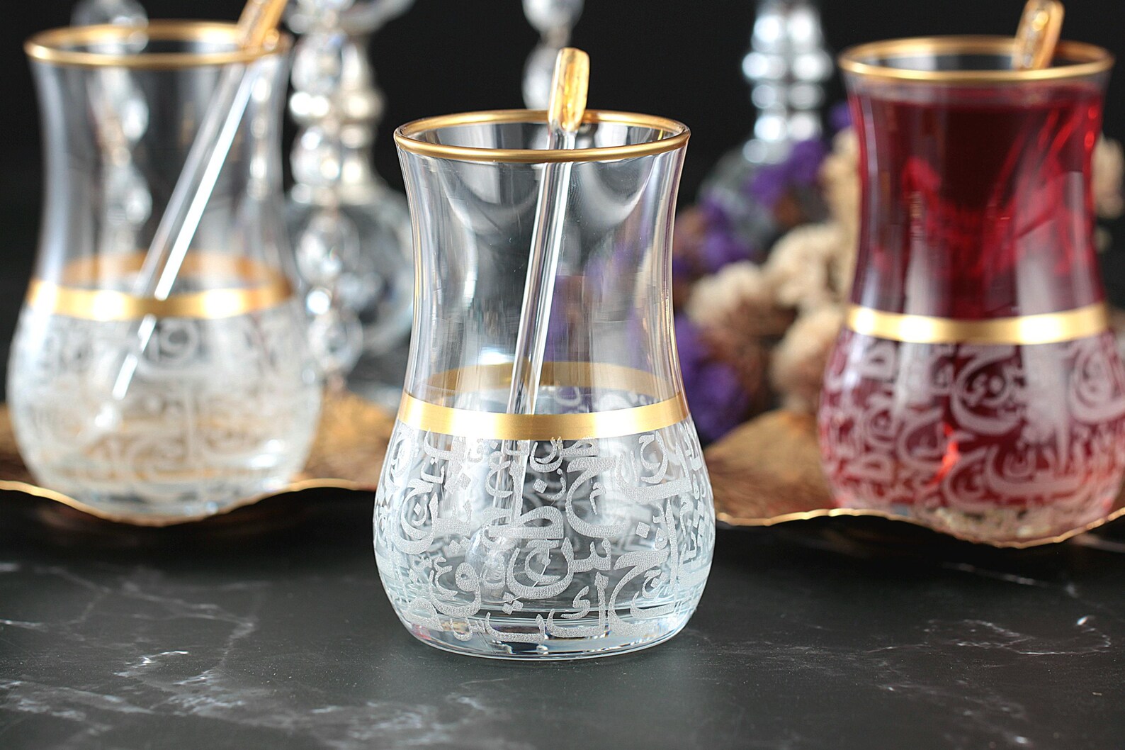 Engraving and Gold Turkish Tea Set: Engraved Arabic Design, 18/24 Piece ...