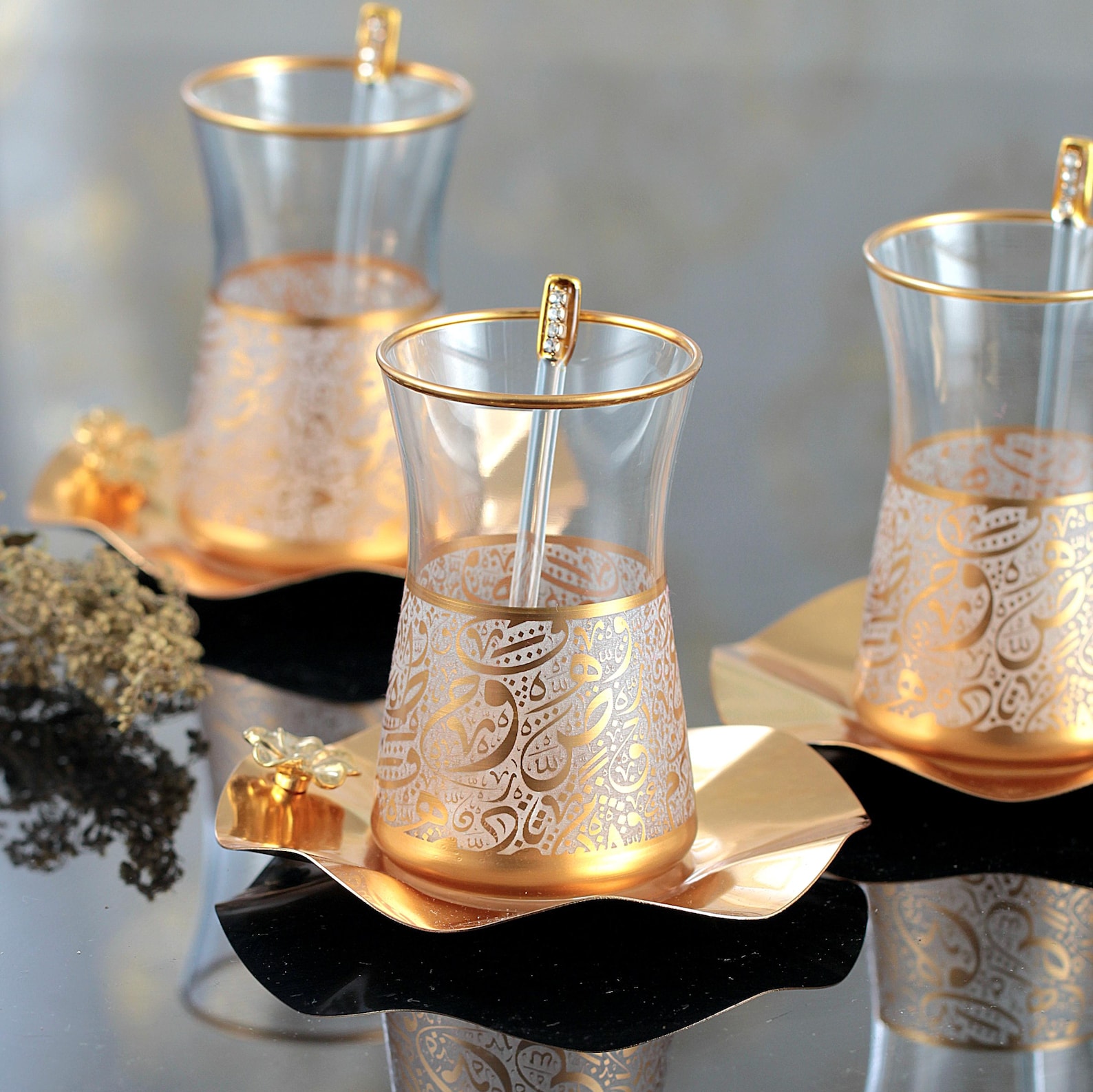 18-piece Turkish Tea Set: Gold Arabic Design, Includes Cups, Saucers ...