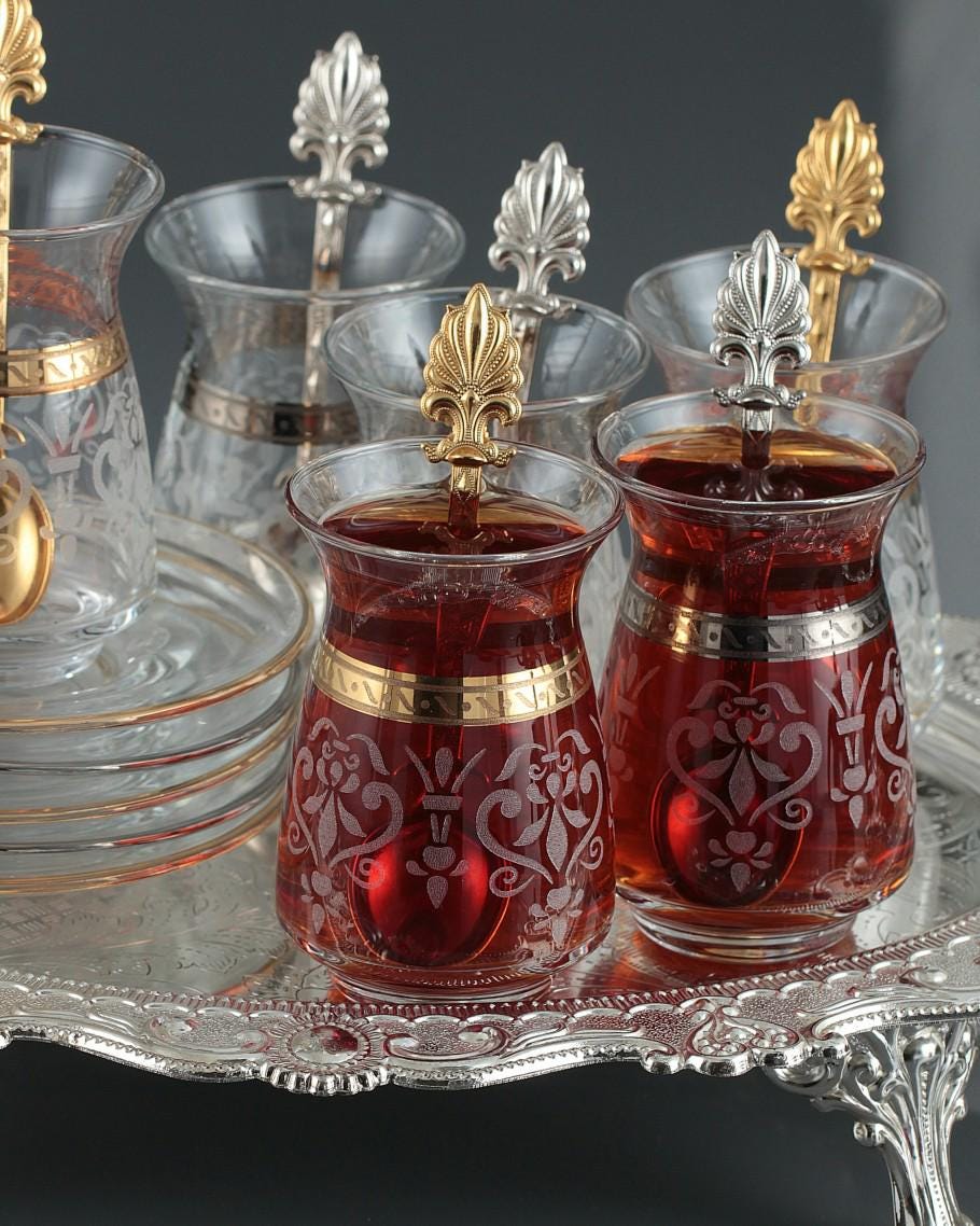 18 Pcs Turkish Tea Set With 6 Pcs Metal Tea Spoons 691-661 Mai gold or ...