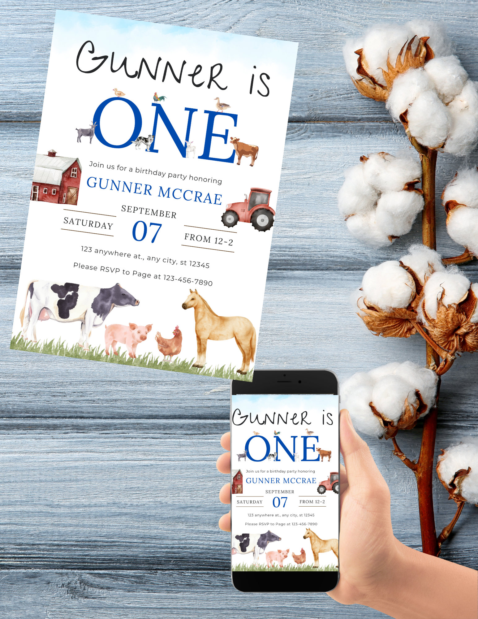 Farm Theme Birthday Invitation, Cow, Barn, Tractor, Farm Barn Animals ...