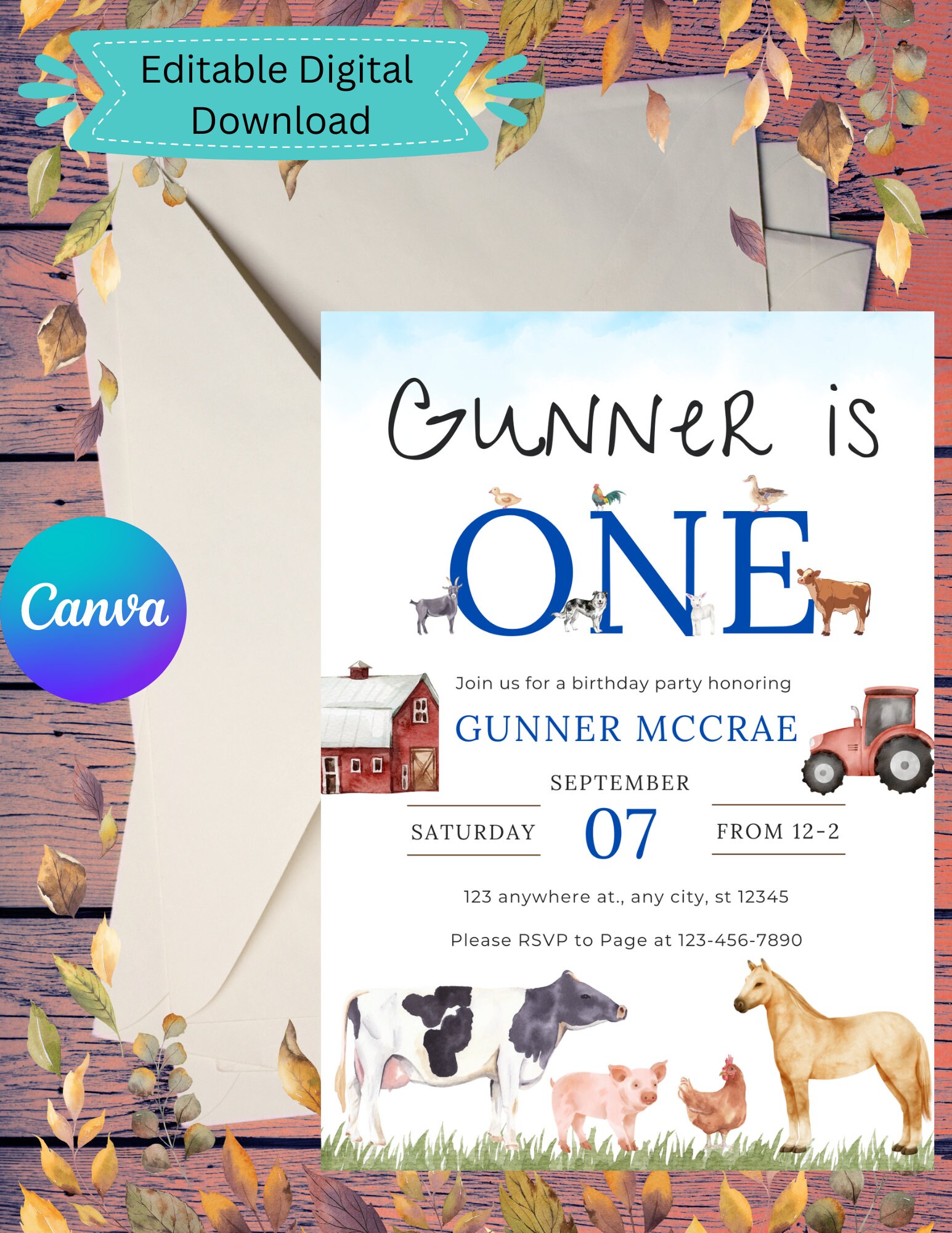 Farm Theme Birthday Invitation, Cow, Barn, Tractor, Farm Barn Animals ...