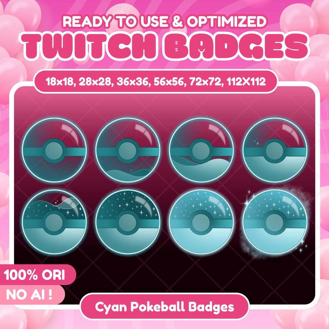 Cyan Pokeball Twitch Sub Badges: Kawaii Streamer Overlay (digital ...