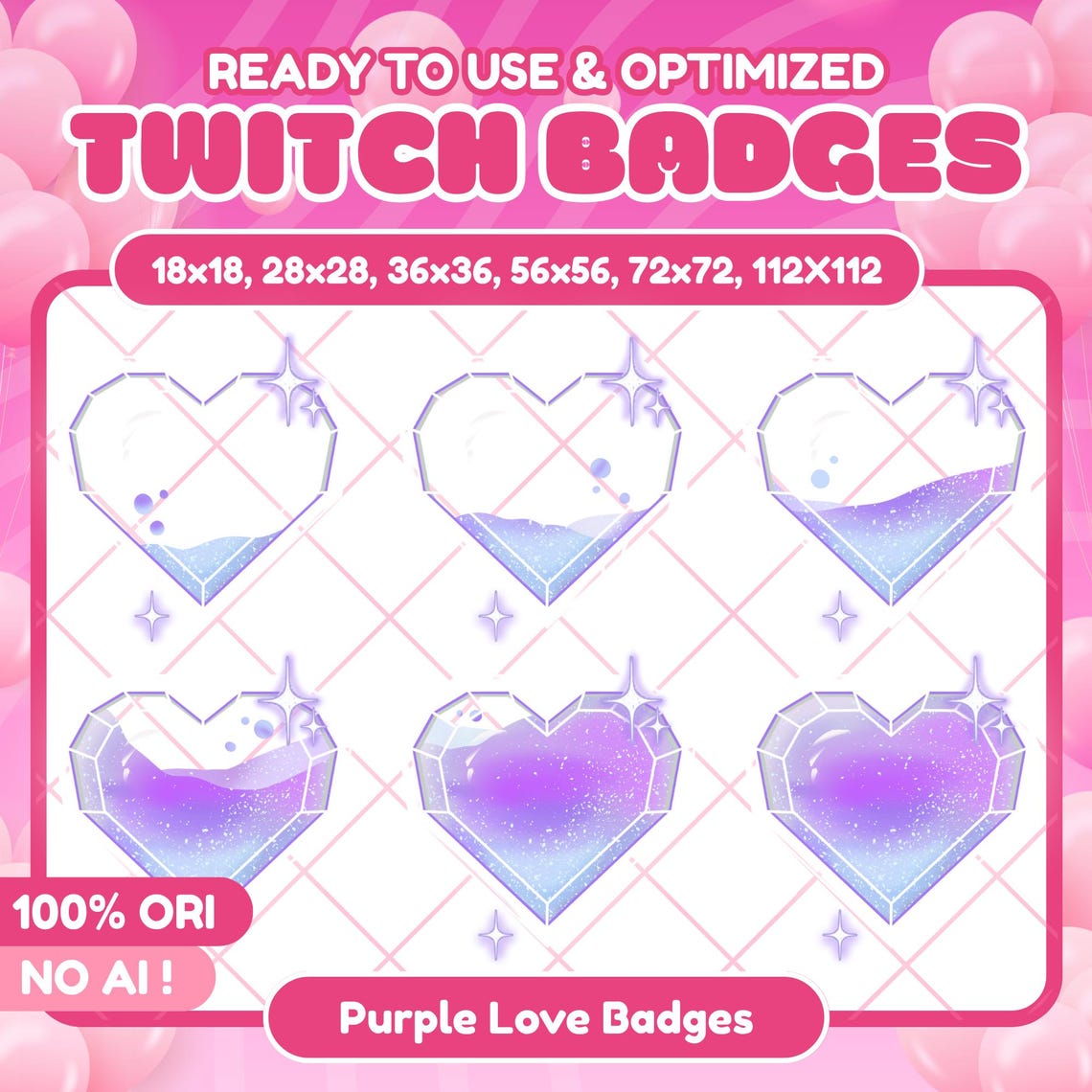 Cute Purple Love Twitch Sub Bit Badges / Cute Badges for Streamer ...