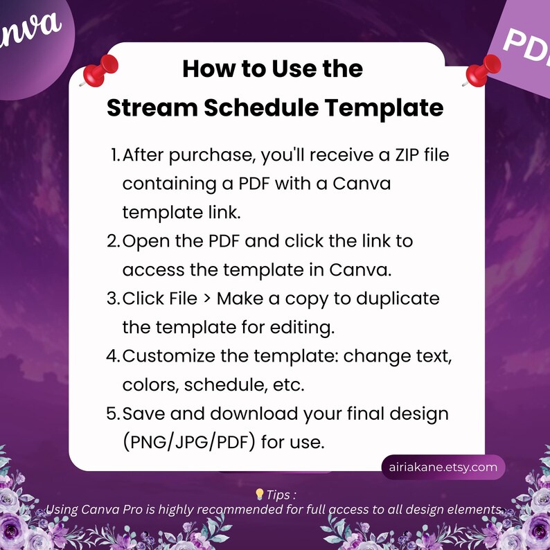 Stream Schedule Template - Purple Rose Editable Canva Template for ...