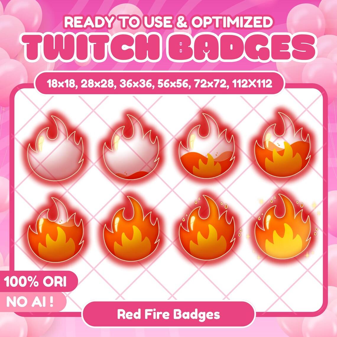 Cute Red Fire Twitch Sub Bit Badges / Kawaii Fire / Cute Badges for ...