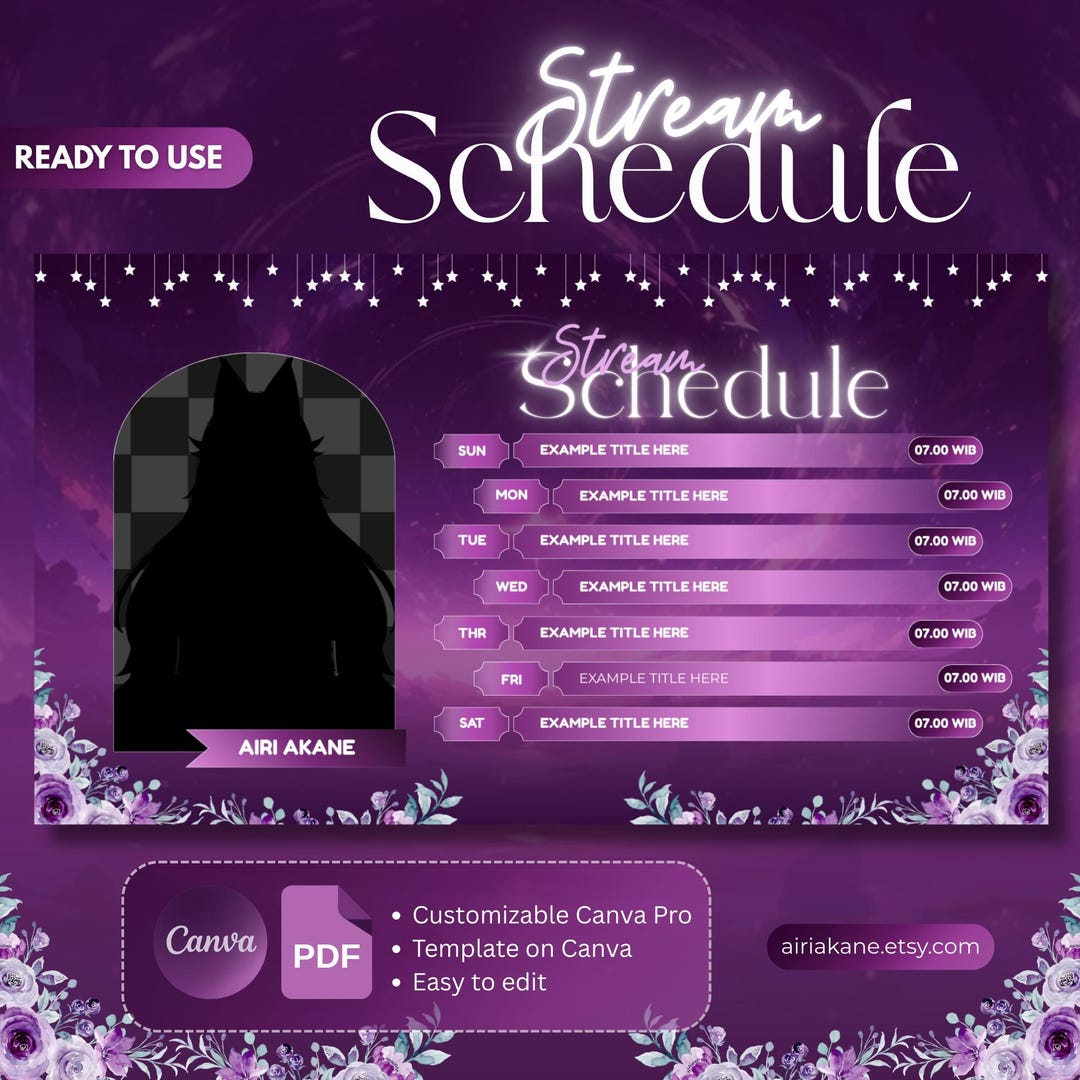 Stream Schedule Template - Purple Rose Editable Canva Template for ...