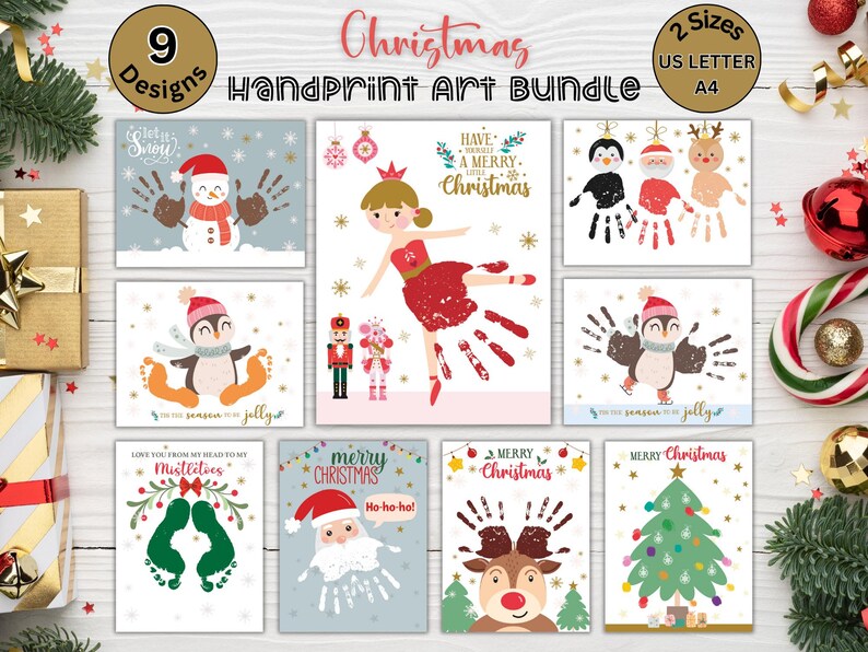 Christmas Handprint Footprint Bundle + Coloring Placemat, Xmas ...