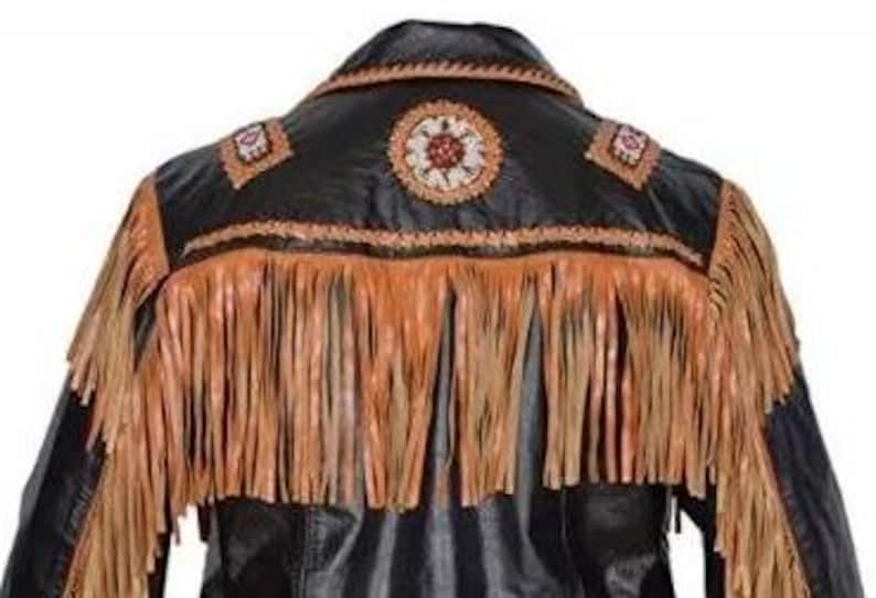 Men Real Leather Western Style Cowboy Leather Jacket Fringe & Beaded ...