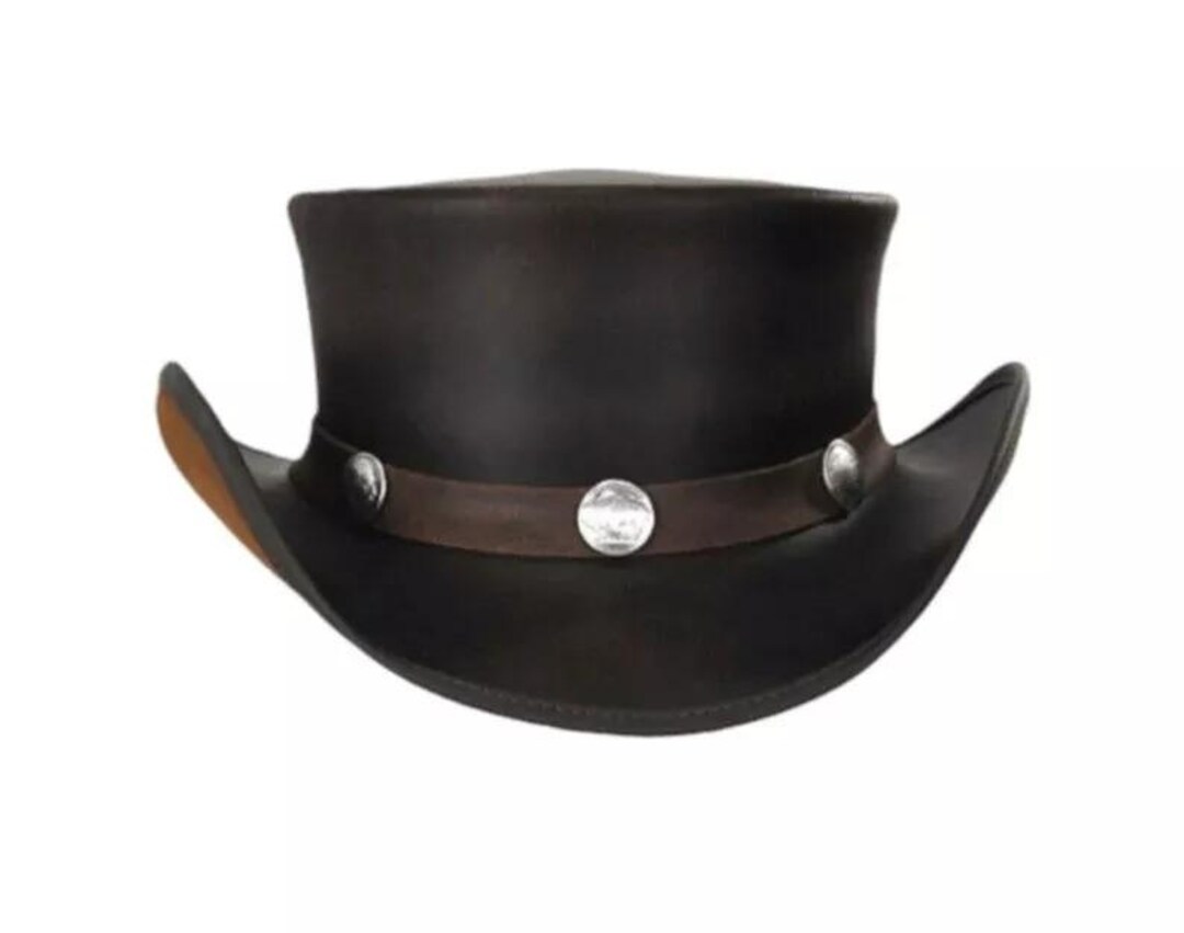 Men Genuine Leather Cowboy Top Hat Biker Steampunk Style Hat Brown ...