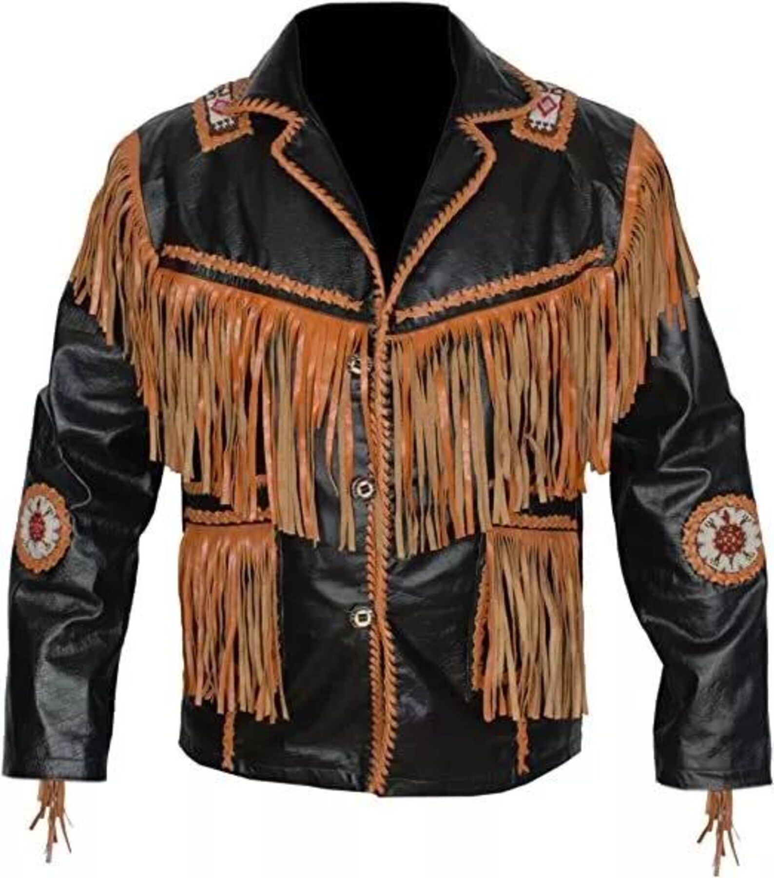 Men Real Leather Western Style Cowboy Leather Jacket Fringe & Beaded ...