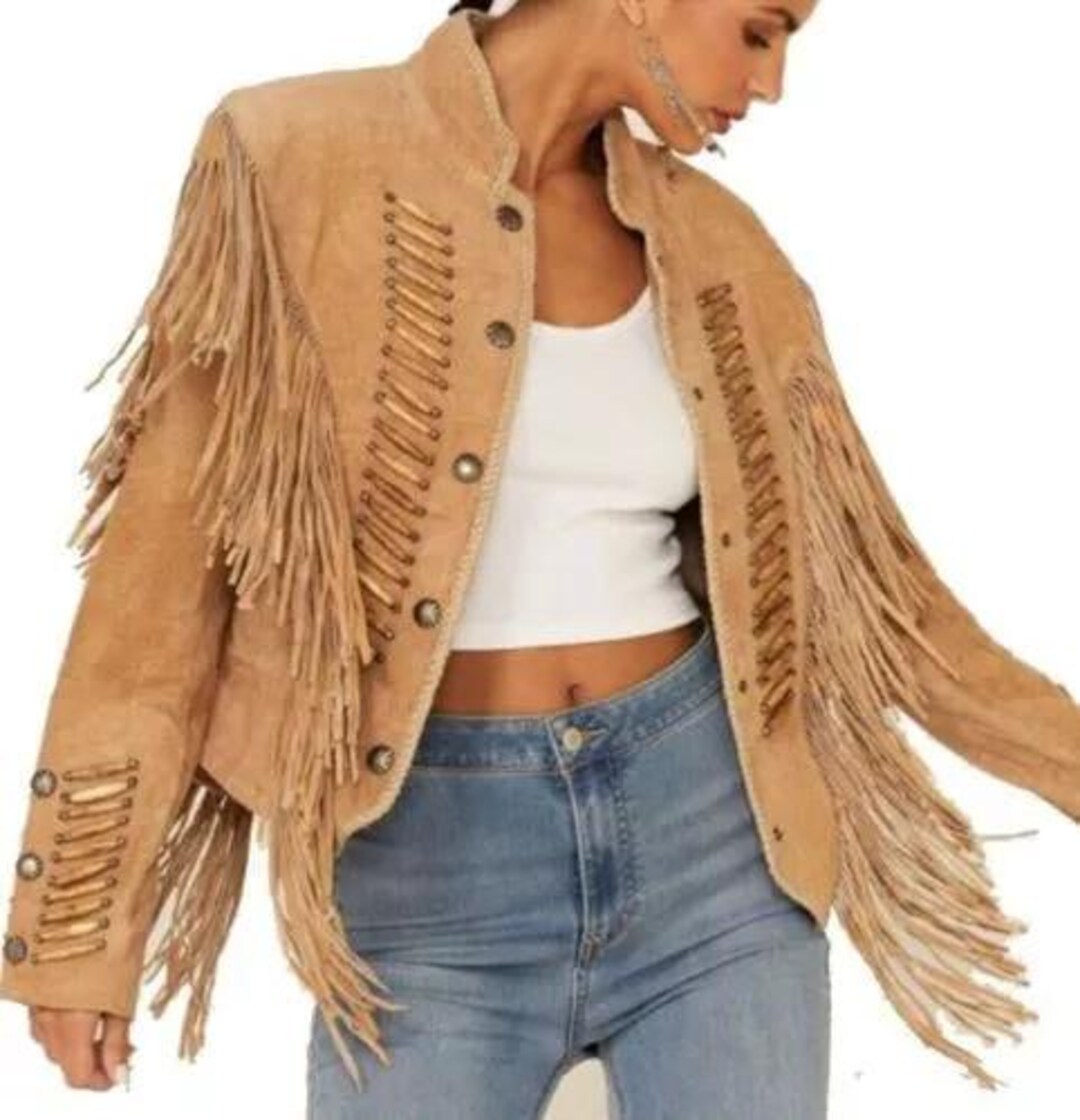 Women American Western Native Suede Leather Jacket With Fringe Beaded Brown Color - Etsy
