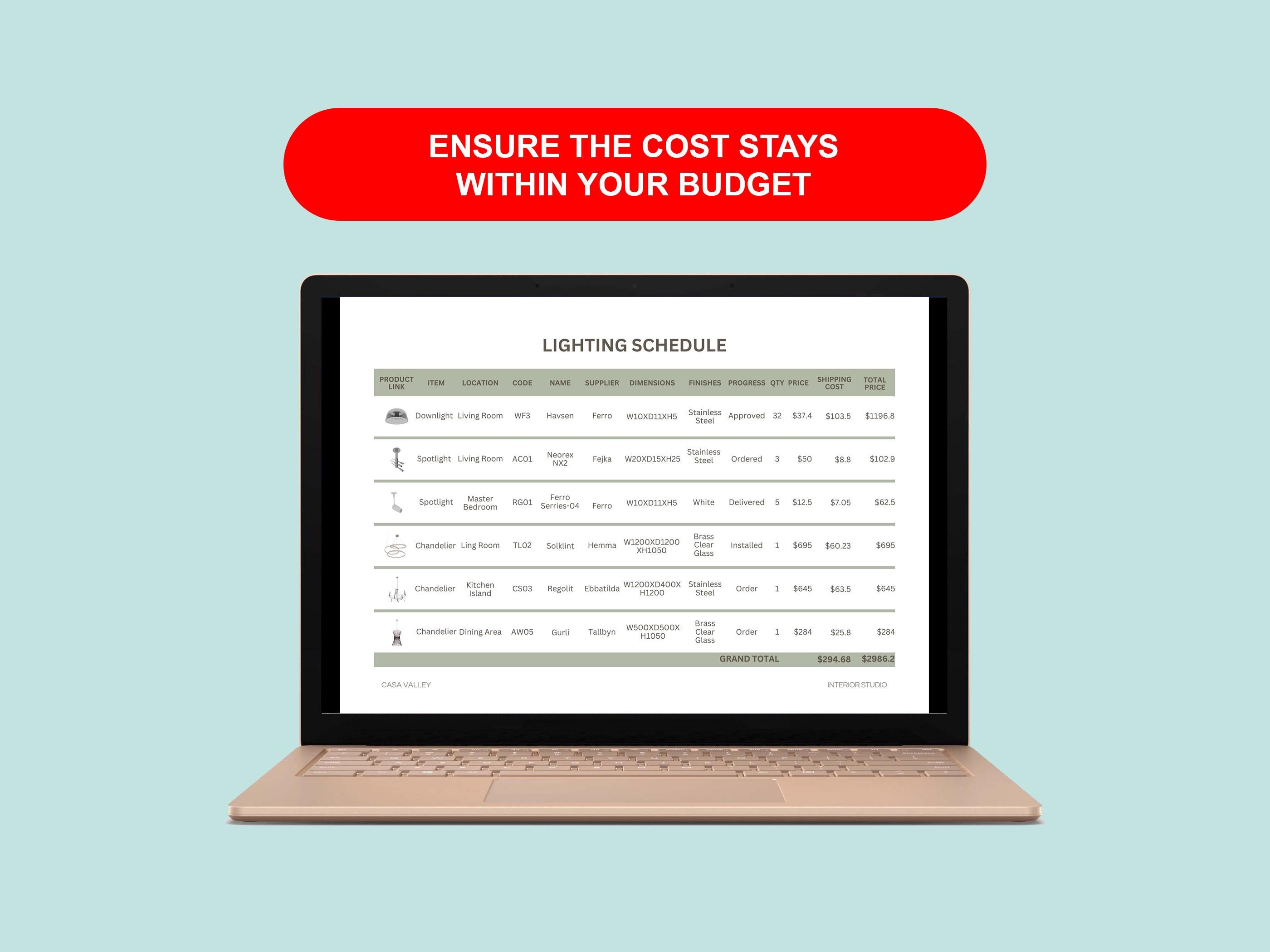 FF&E Interior Design Schedule Template, Project Budget Planner and Cost ...