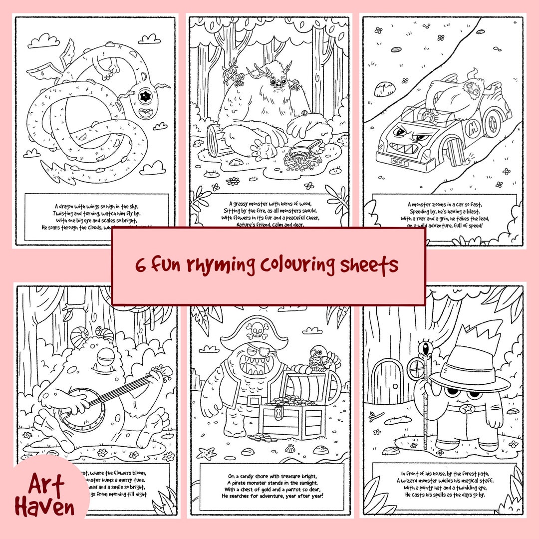 6 Fun Rhyming Coloring Sheets Printable Monster Coloring Pages for Kids ...