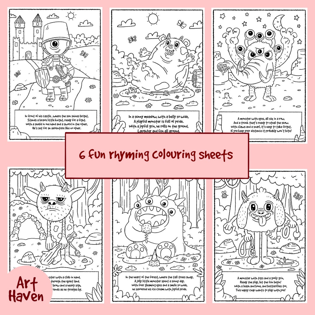 6 Fun Rhyming Coloring Sheets Printable Monster Coloring Pages for Kids ...