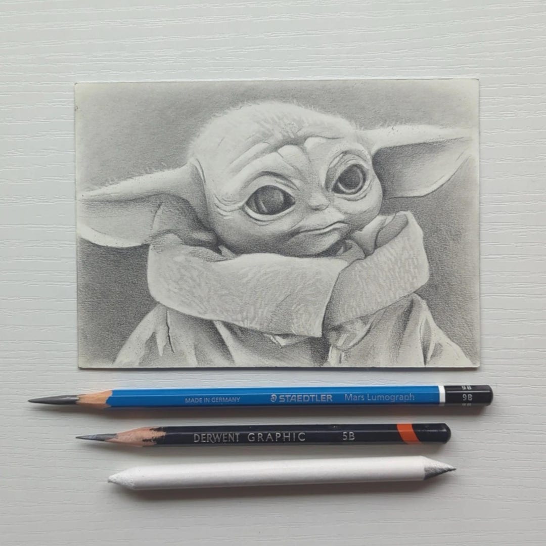 Original Graphite Illustration of Grogu, A6 Hand-drawn Postcard Art ...