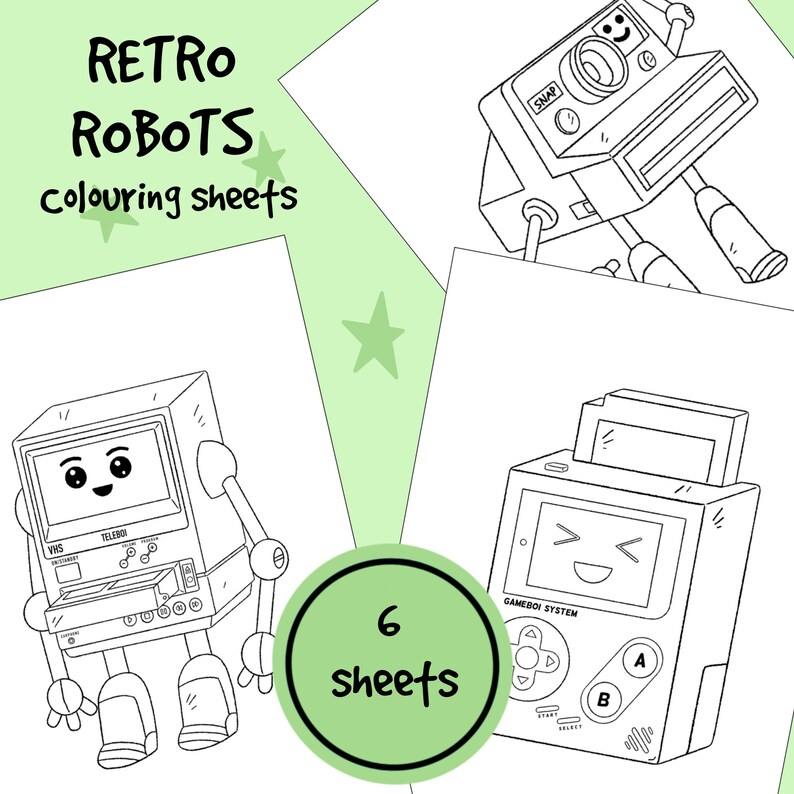 Retro Robot Colouring Pack - 6 Printable Sheets, Fun Digital Downloads ...