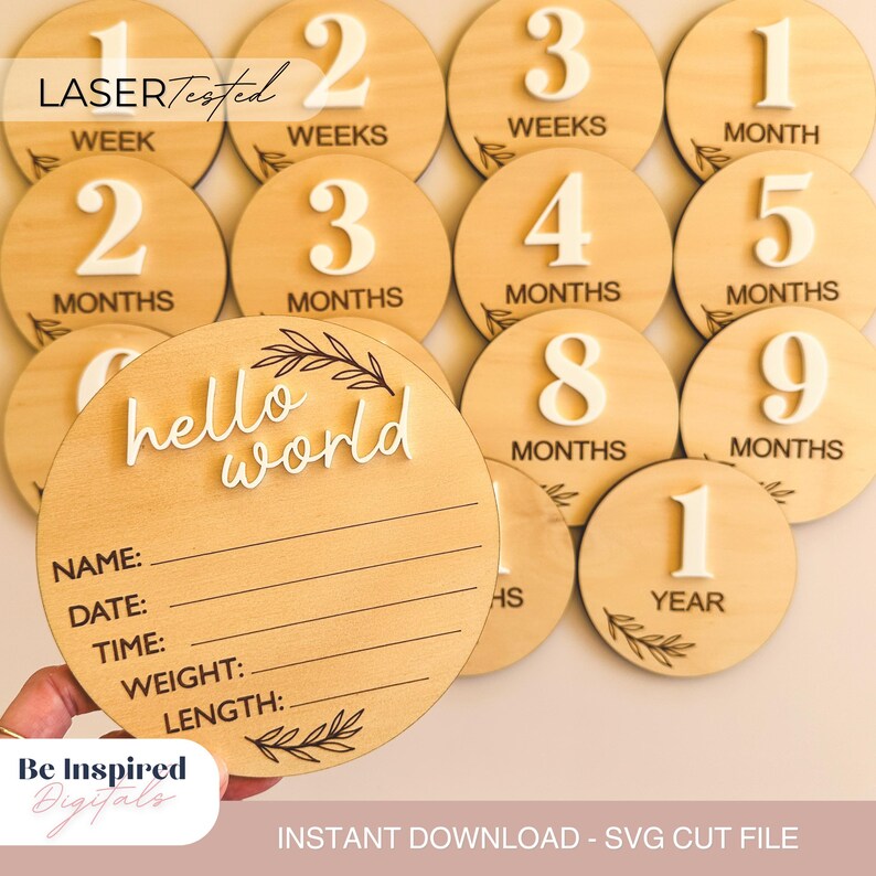 Baby Milestones Discs SVG Laser File | Hello World Baby Birth Stat Sign ...