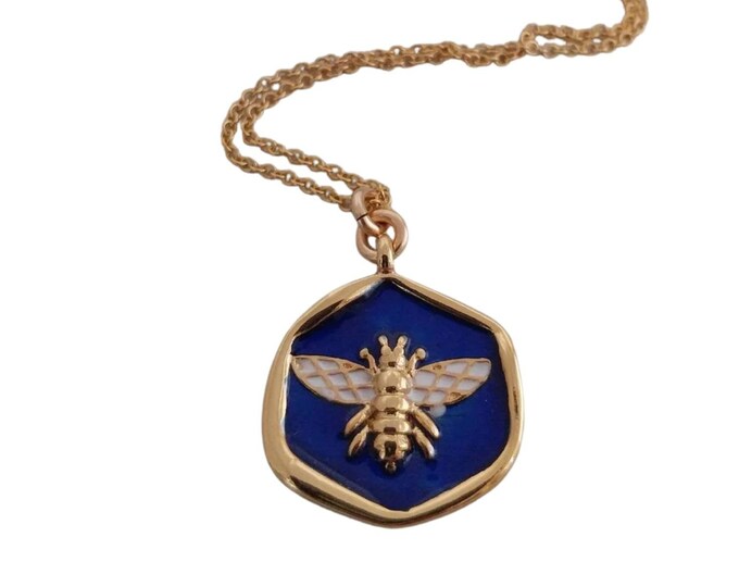 Bumble Bee Medallion Pendant Necklace 14kt Gold Filled Chain Blue Round ...